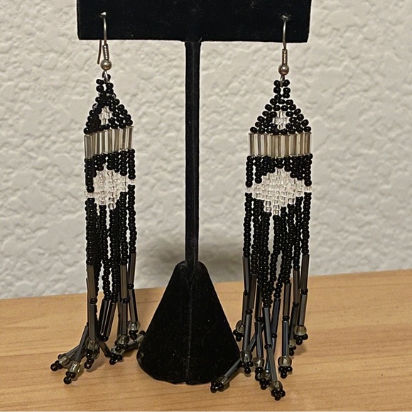 Jewelry | Handmade Black White Beads Shadow Fringe Earrings | Poshmark